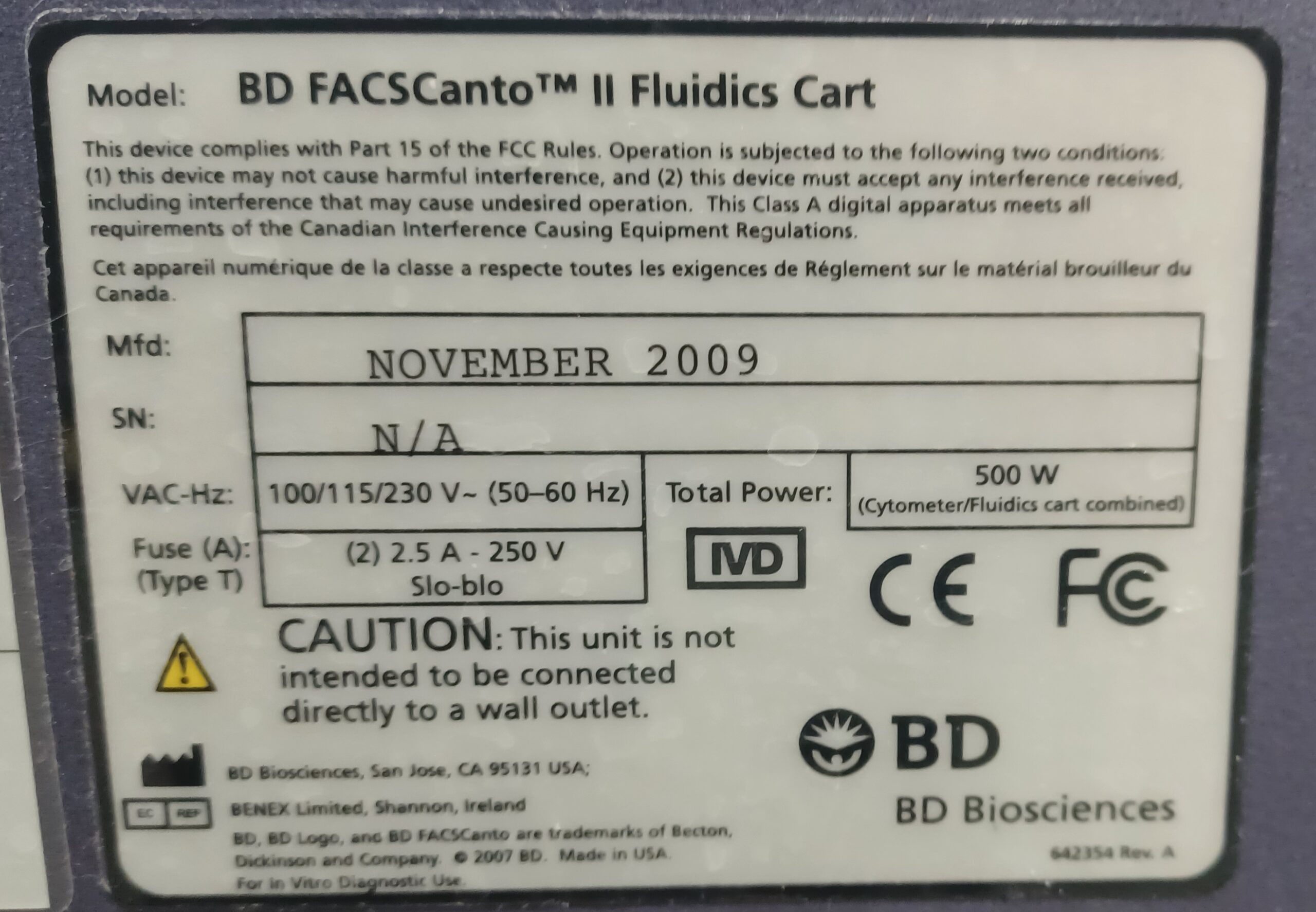 BD Biosciences FACSCanto II Flow Cytometer Fluidics Cart,