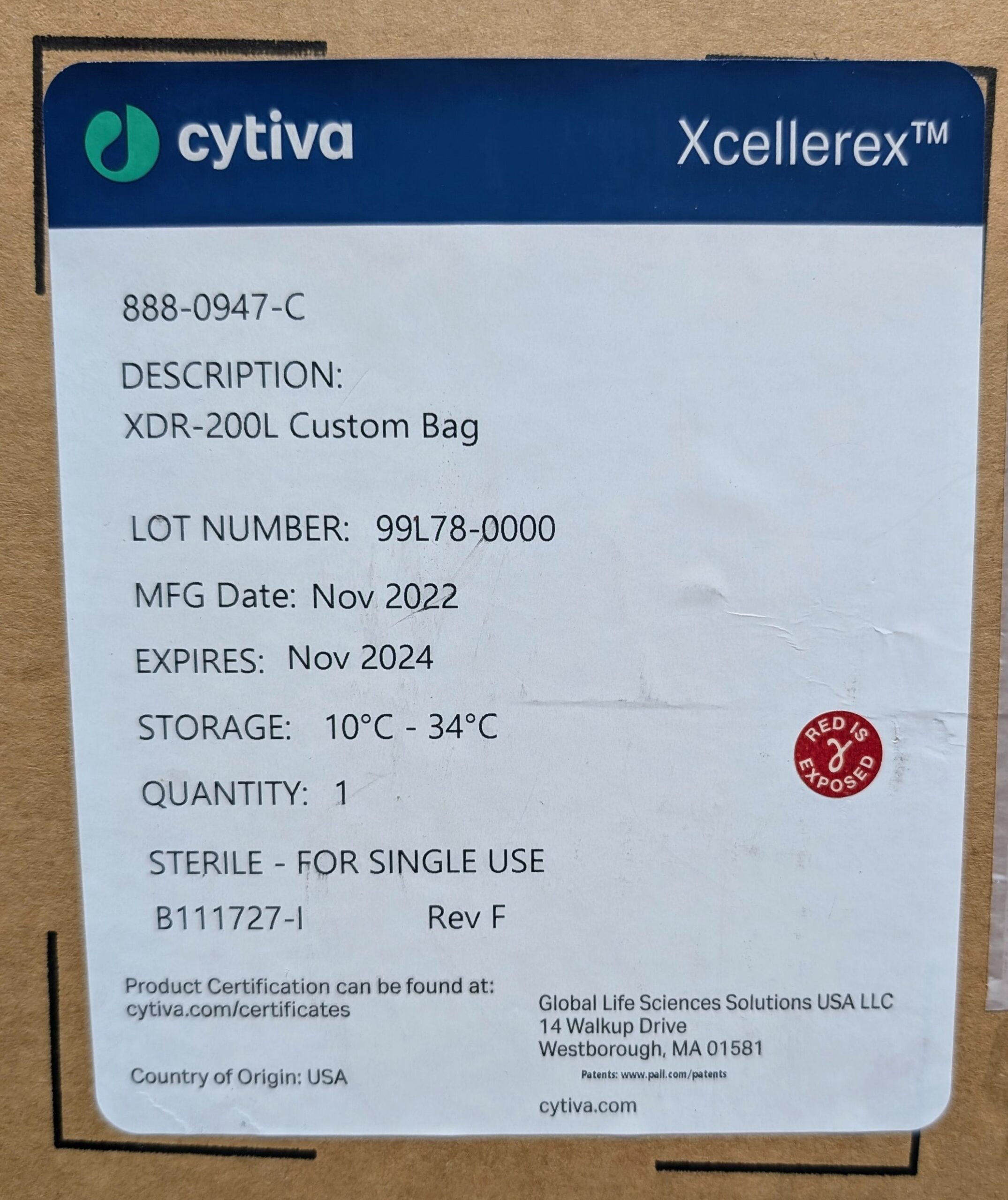 Cytiva Xcellerex XDR 200L Custom Bag 888-0947-C Single-use